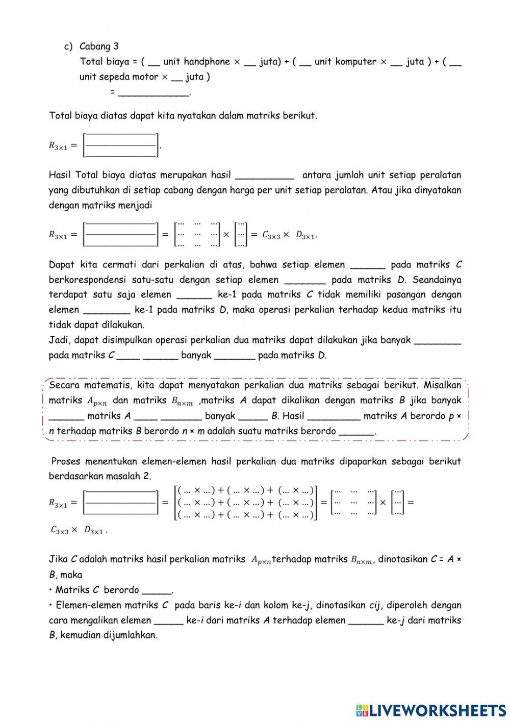 LKPD Perkalian Matriks-Pemodelan online exercise for | Live Worksheets