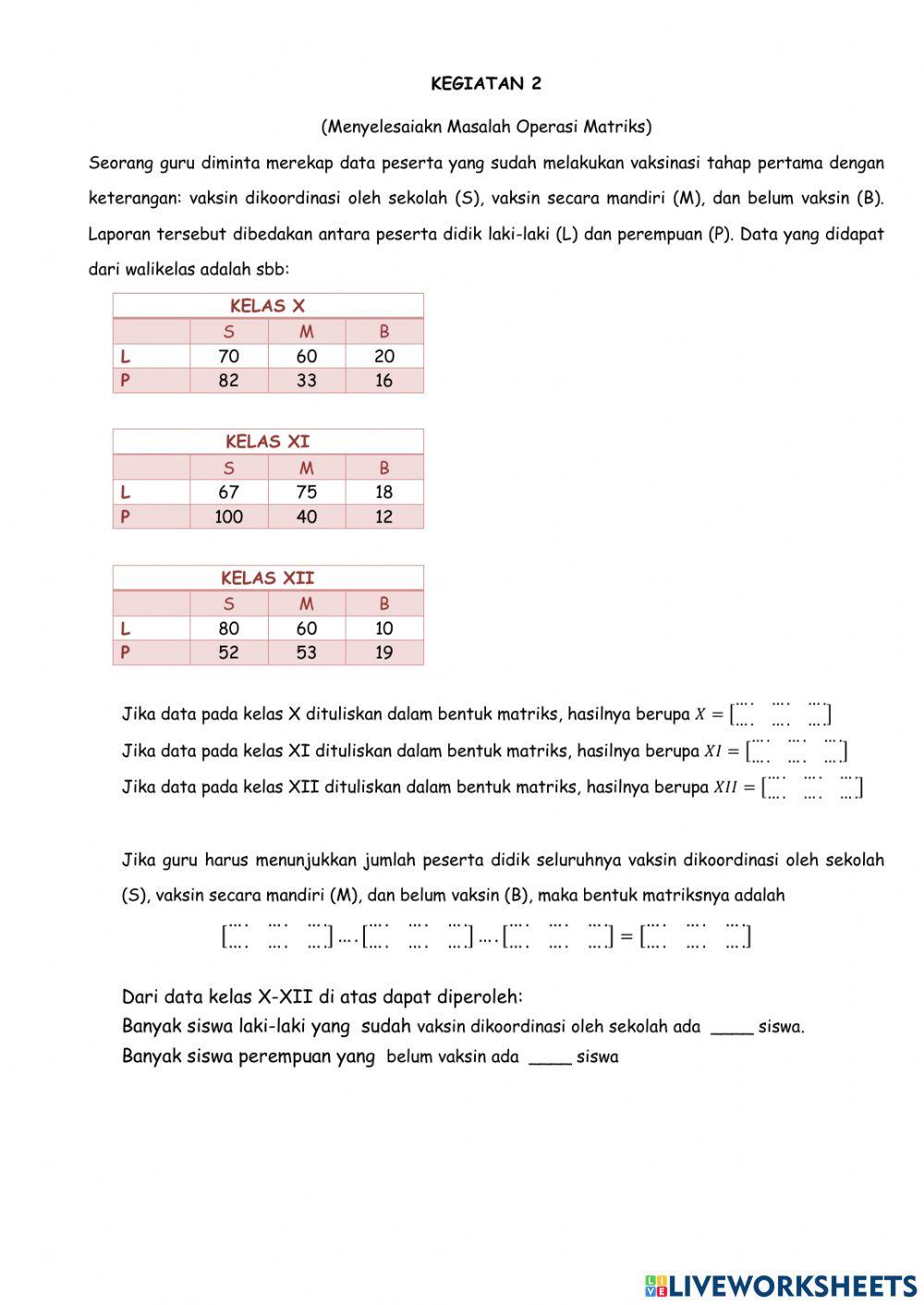 LKPD Perkalian Matriks-Pemodelan online exercise for | Live Worksheets