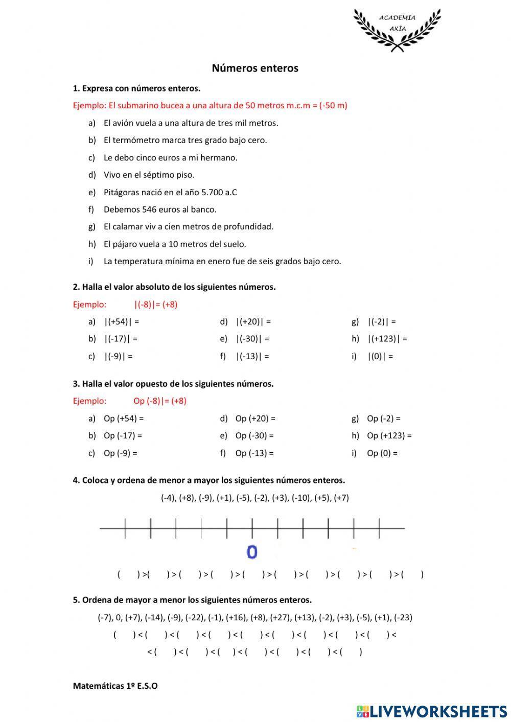 Números enteros… | Free Interactive Worksheets | 2108725