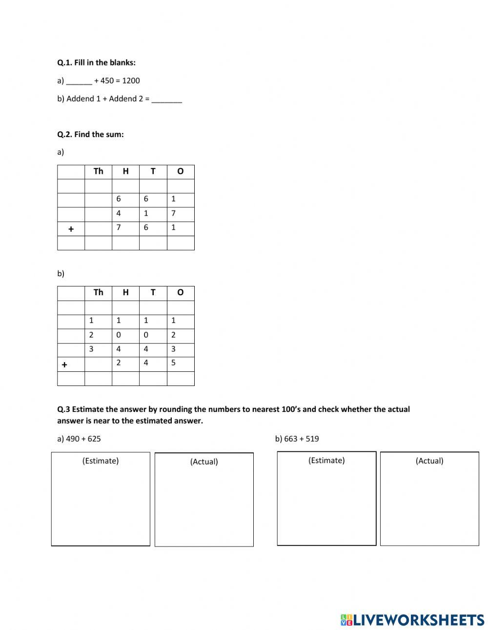 Revision Worksheet (Addition) online exercise for | Live Worksheets