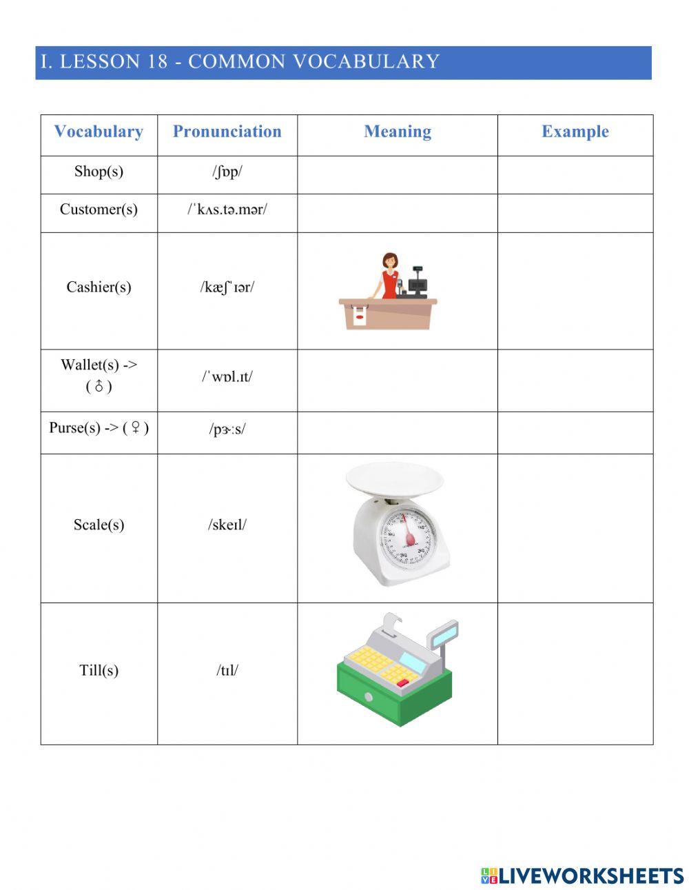 313 - Lesson 18 - Vocabualry worksheet | Live Worksheets