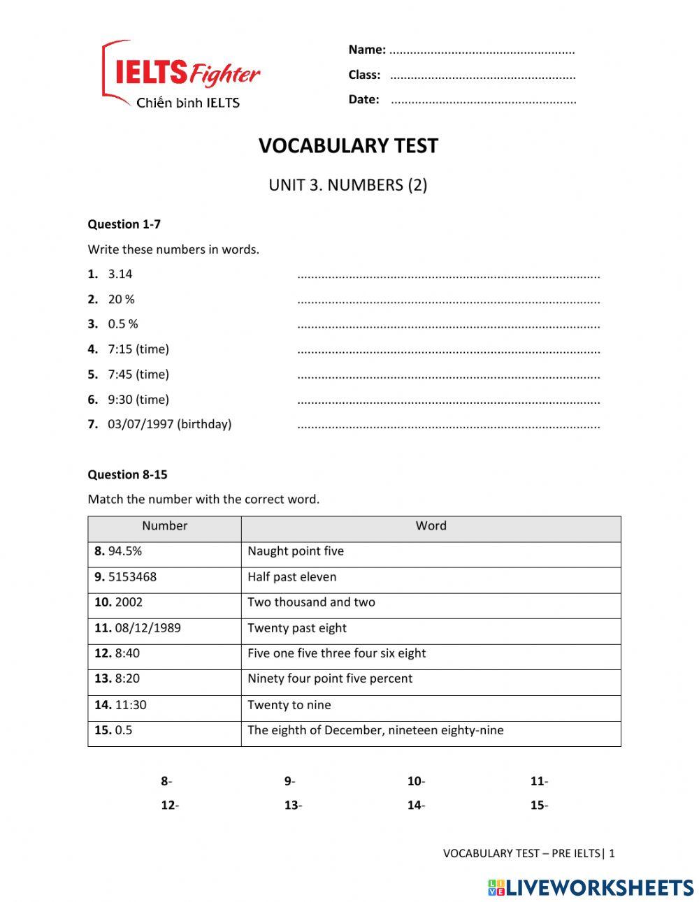 PRE-Vocab Test 7 online exercise for | Live Worksheets