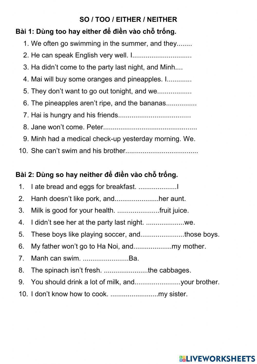So - too - eith… | Free Interactive Worksheets | 2109448