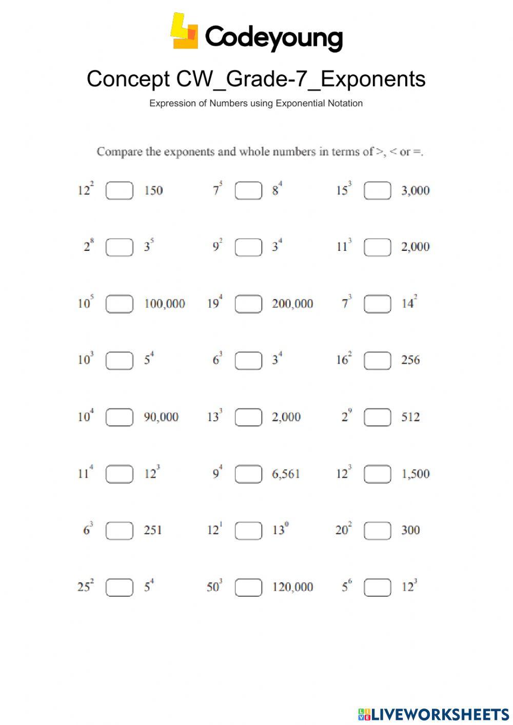 Expression of Numbers using Exponential Notation Concept CW worksheet ...