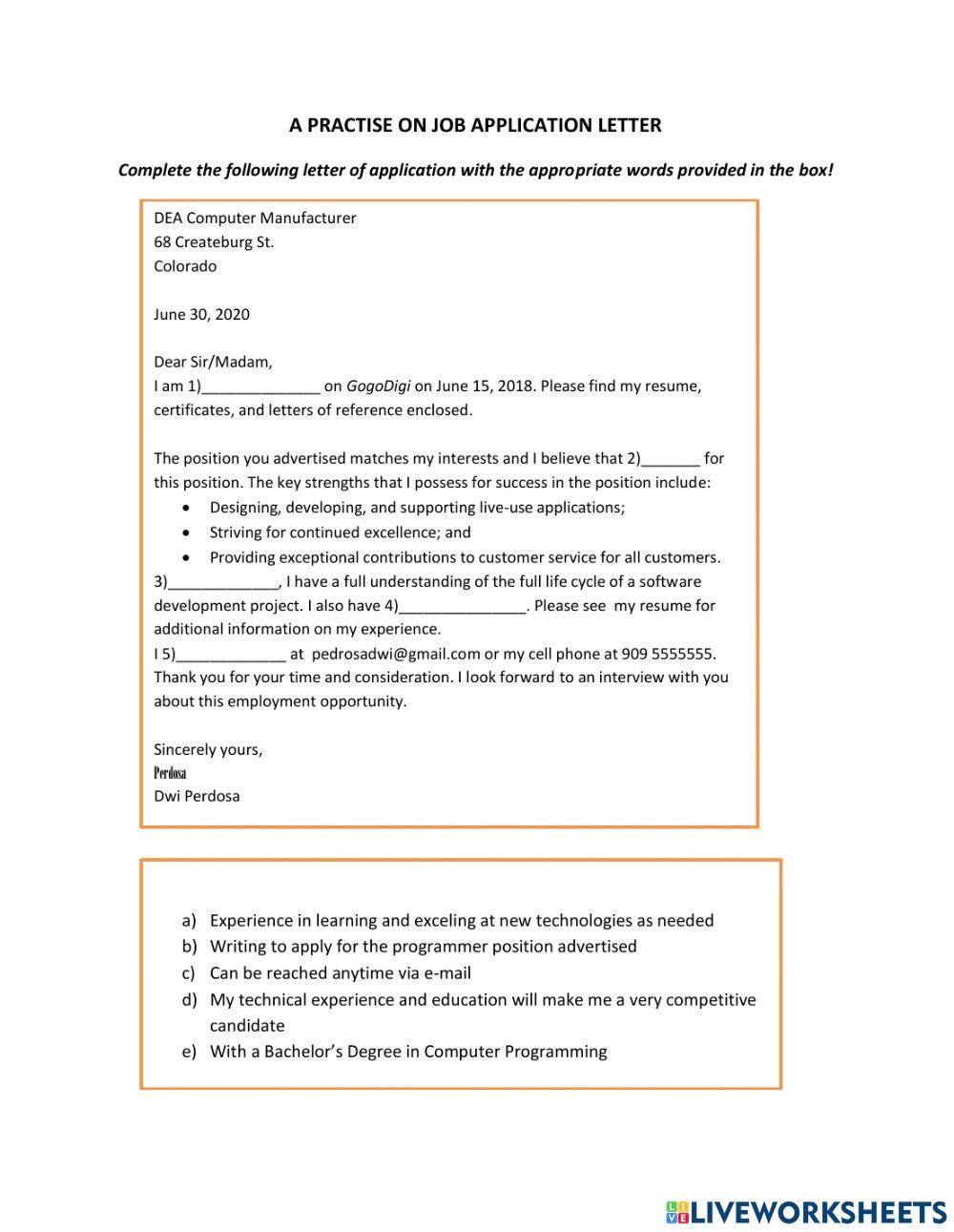 A PRACTICE OF JOB APPLICATION LETTER online exercise for | Live Worksheets
