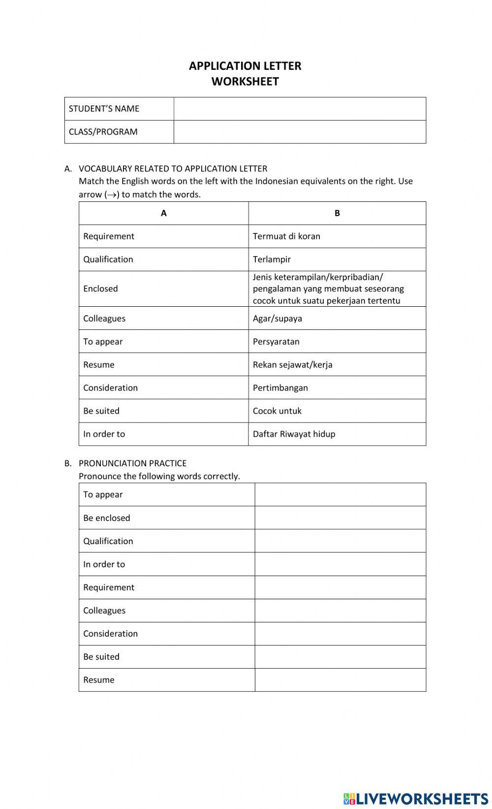 Application Letter - 123 worksheet | Live Worksheets