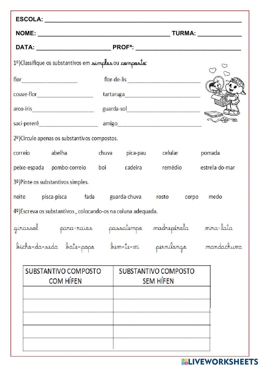 Substantivos simples e compostos worksheet | Live Worksheets