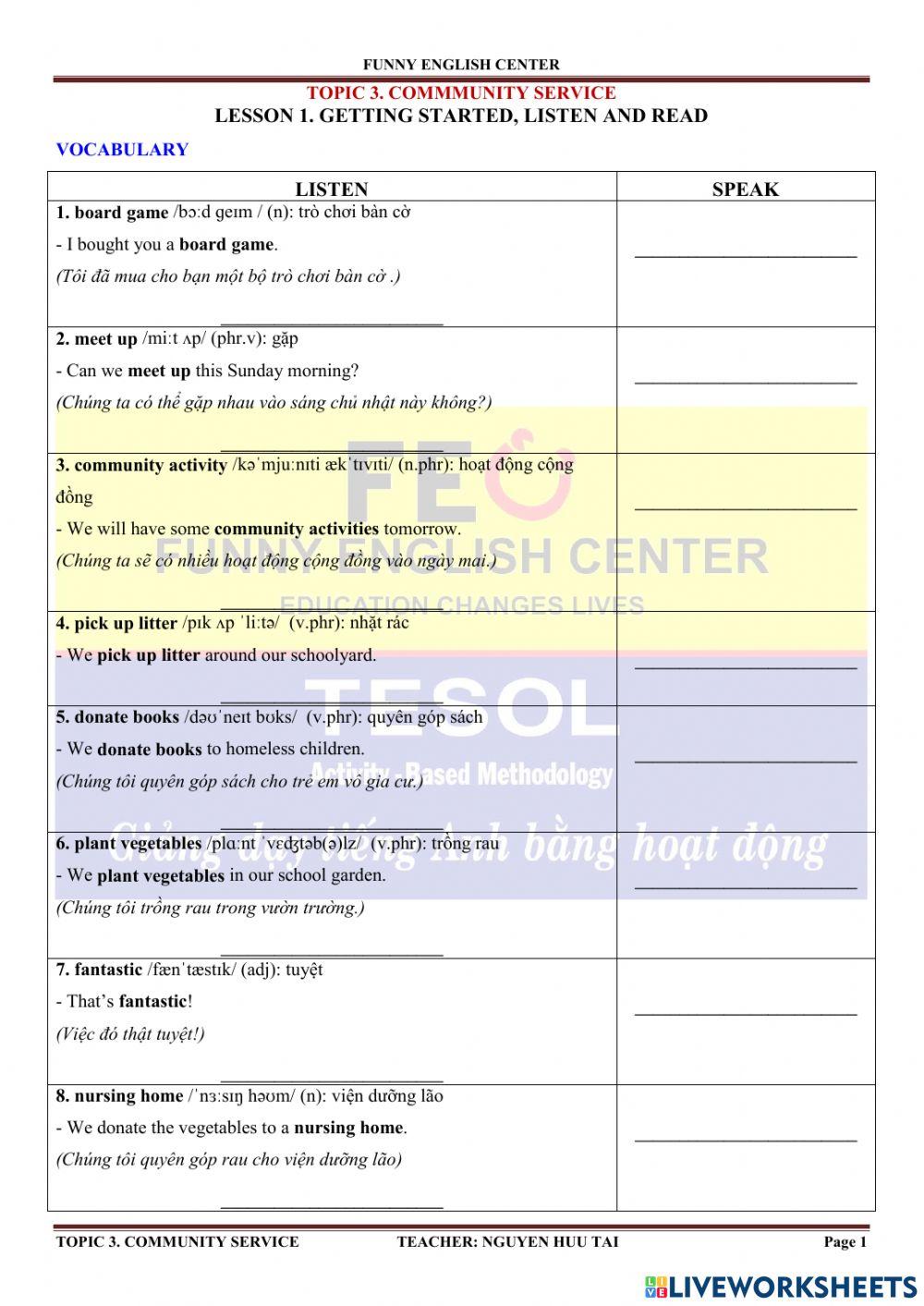 E.7-topic 3-getting started-vocabulary worksheet | Live Worksheets