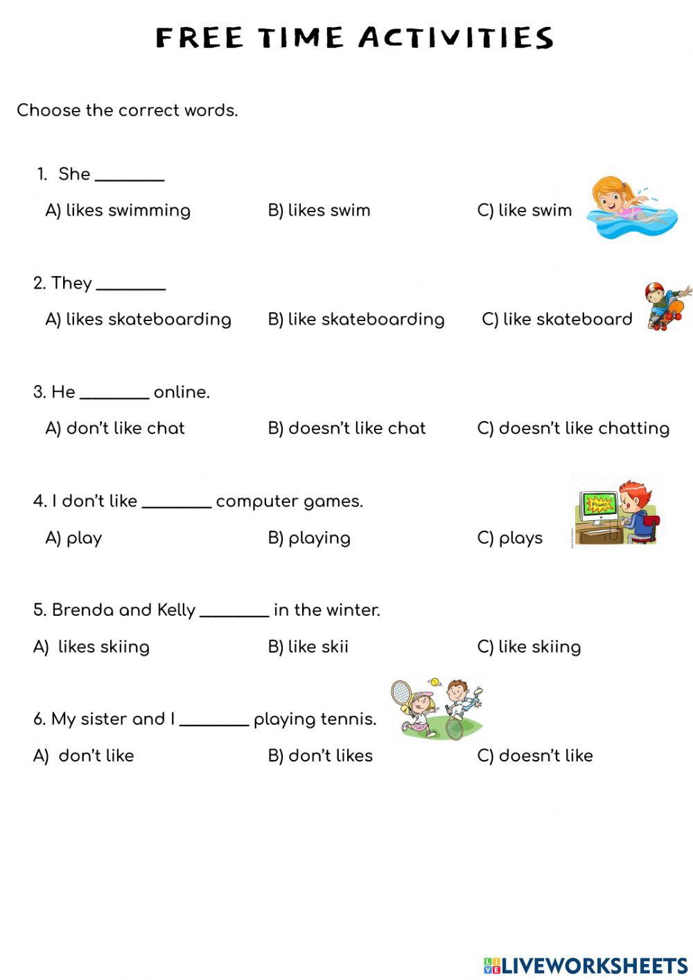 Free time activities online exercise for 4th Kids | Live Worksheets
