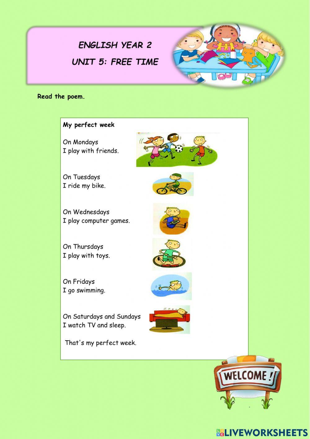 YEAR 2 UNIT 5: FREE TIME (PERFORMANCE LEVEL 4) worksheet | Live Worksheets