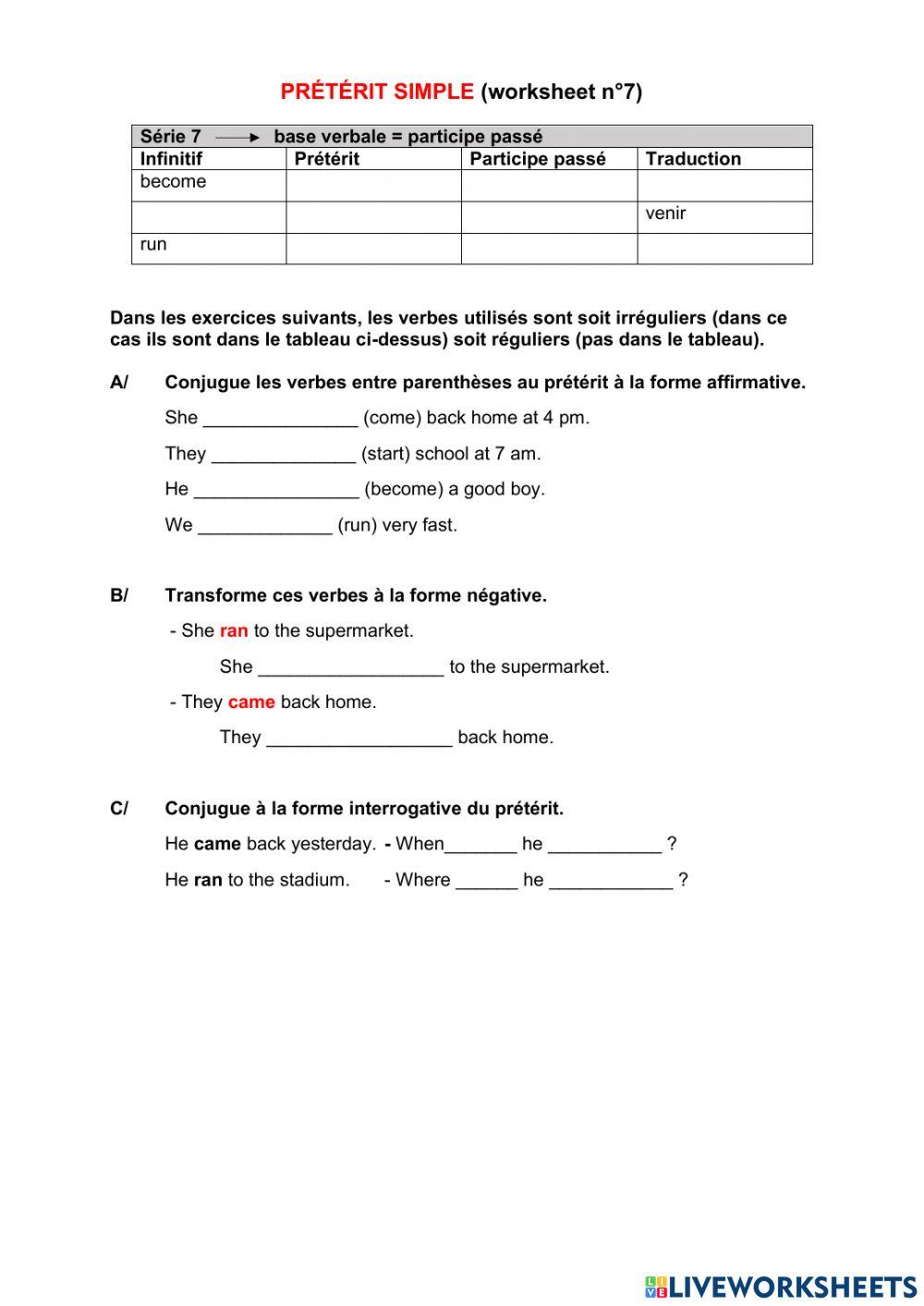 7- Verbes irréguliers - base verbale - participe passé online exercise ...