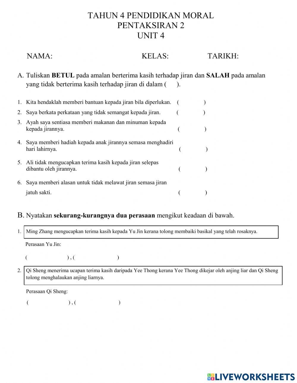 MORAL ASSESSMENT 4P online exercise for | Live Worksheets