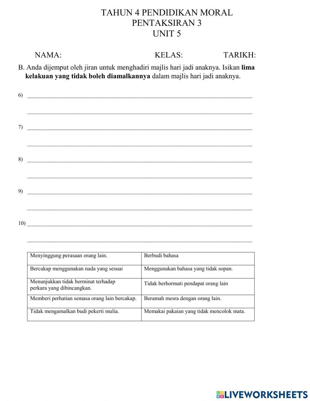 MORAL ASSESSMENT 4P online exercise for | Live Worksheets