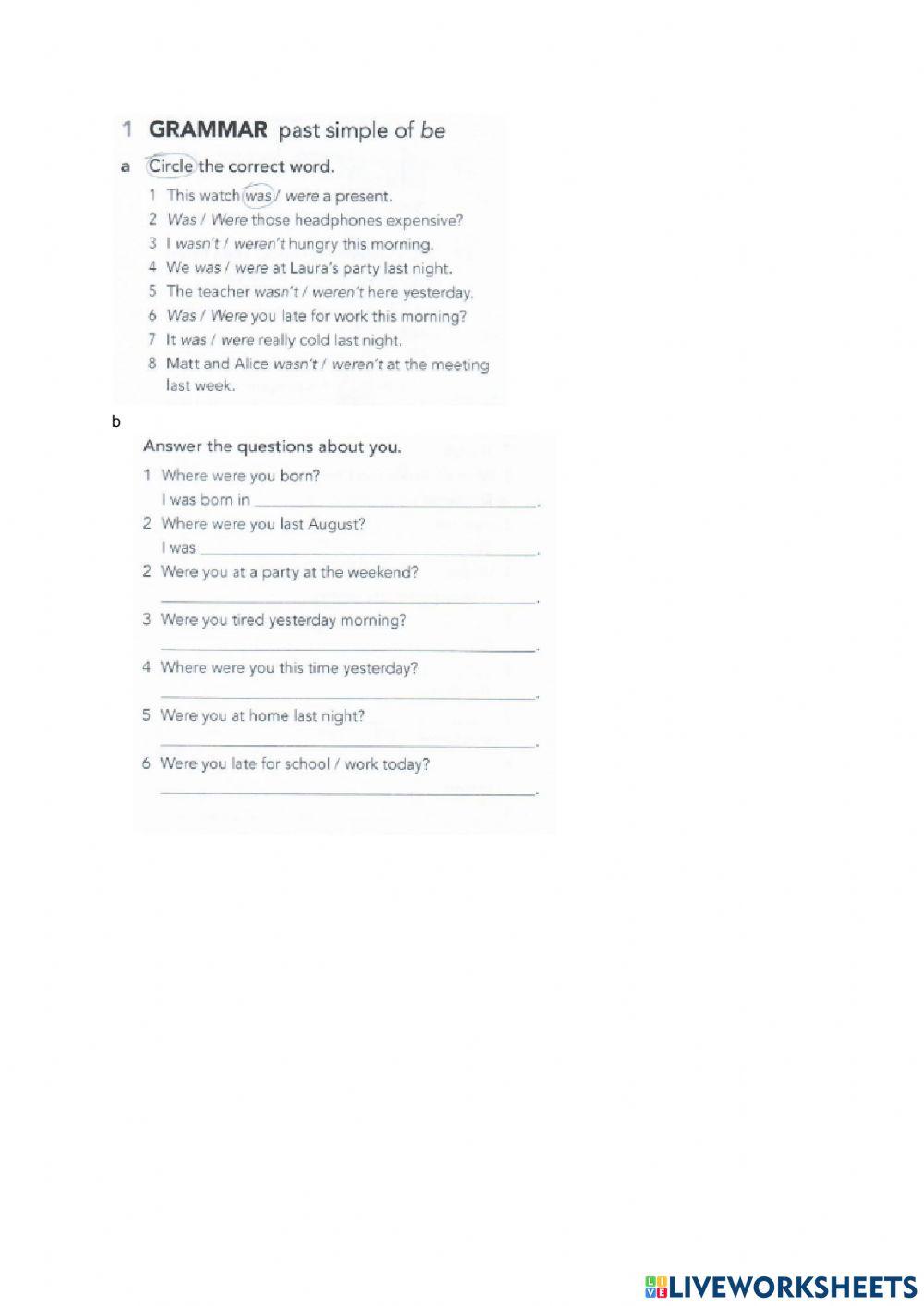 Past Simple: WAS-WERE interactive worksheet | Live Worksheets