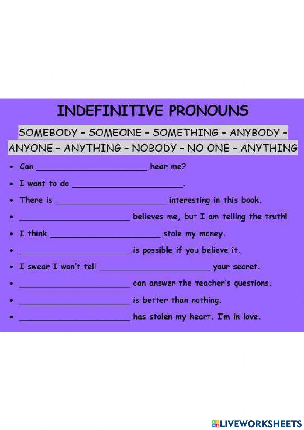Indefinite Pronouns online exercise for 6to | Live Worksheets