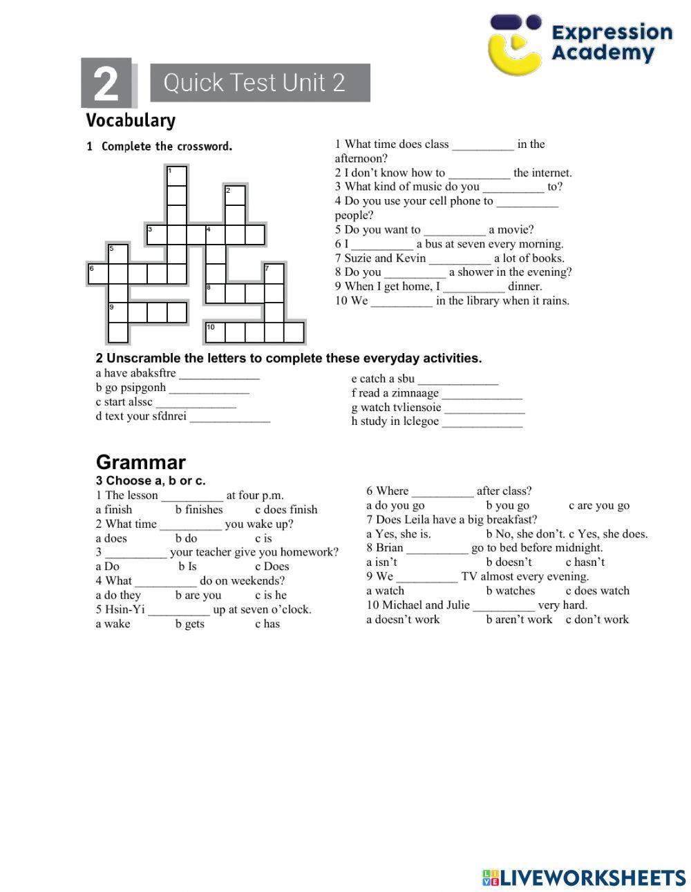 Quick Test Unit 2 Book1 worksheet | Live Worksheets