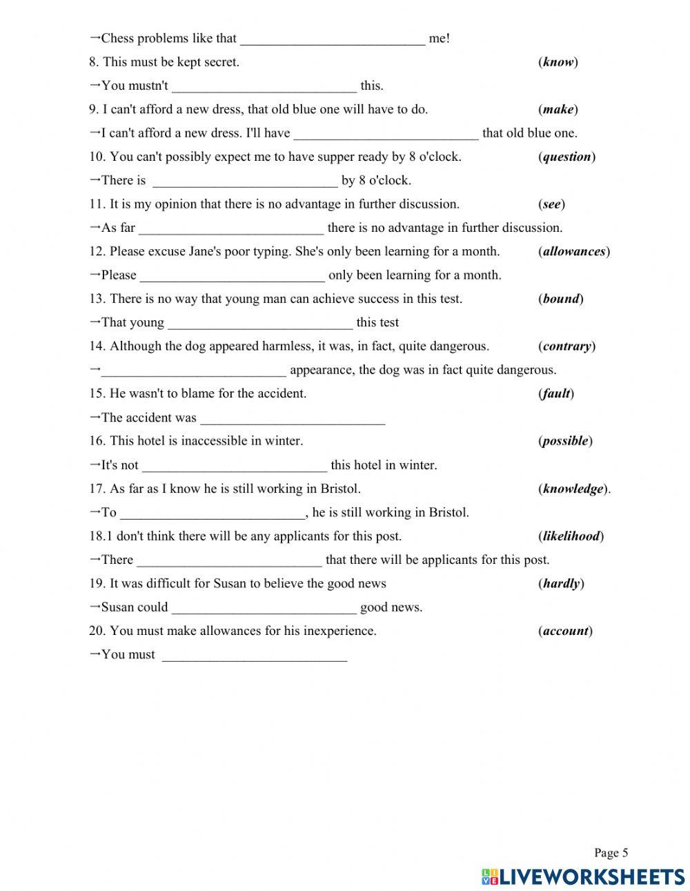 Cd5.1-Sentences Transformation 3 worksheet | Live Worksheets