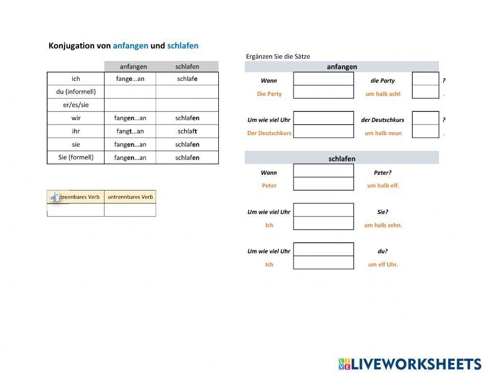 Anfangen schlaf… | Free Interactive Worksheets | 2130383