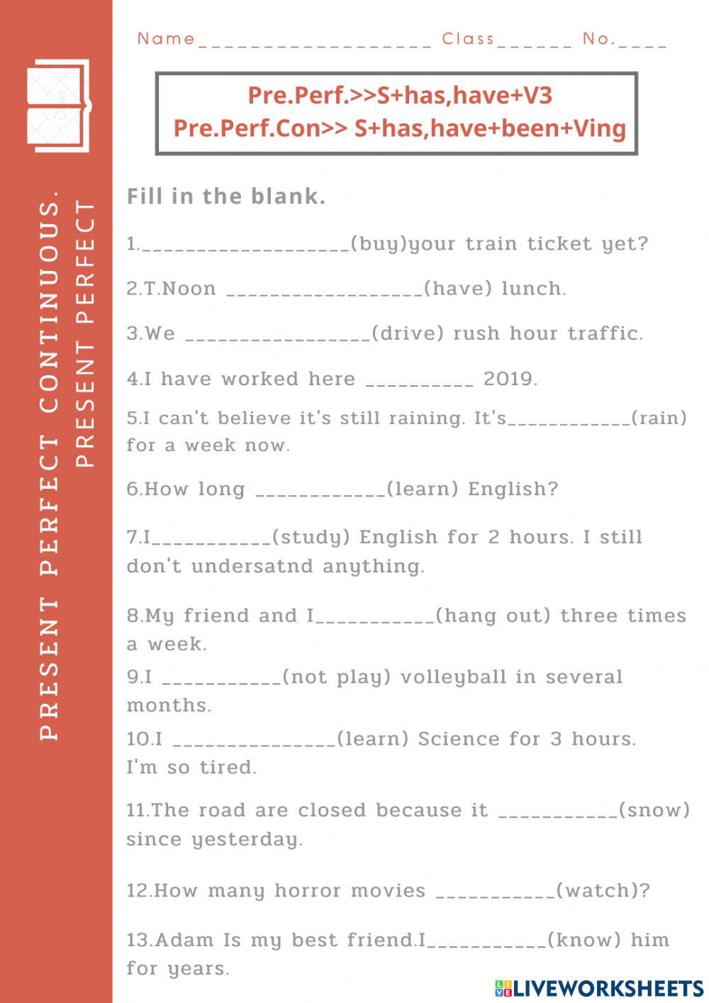Present perfect and present perfect con. worksheet | Live Worksheets