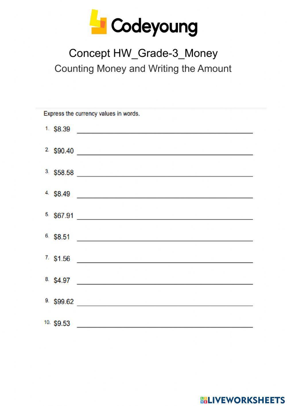 Money online exercise for 3 | Live Worksheets