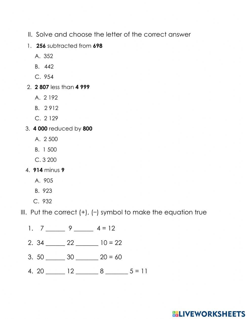MATH 1 SUBTRACTION and ORDER OF OPERATION online exercise for | Live ...
