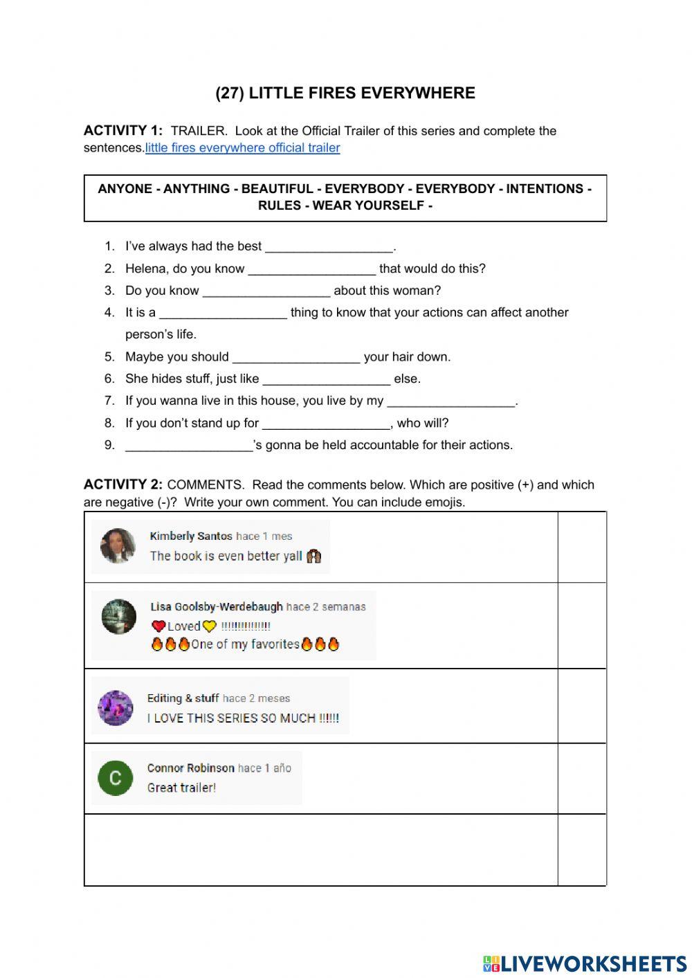 Little fires everywhere | profepasti | Live Worksheets