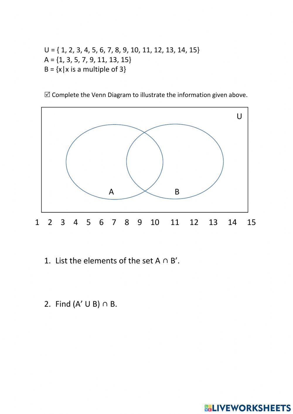 Venn Diagram Exercise Online Exercise For Live Worksheets Venn Diagram Exercise Online Exercise For Live Worksheets