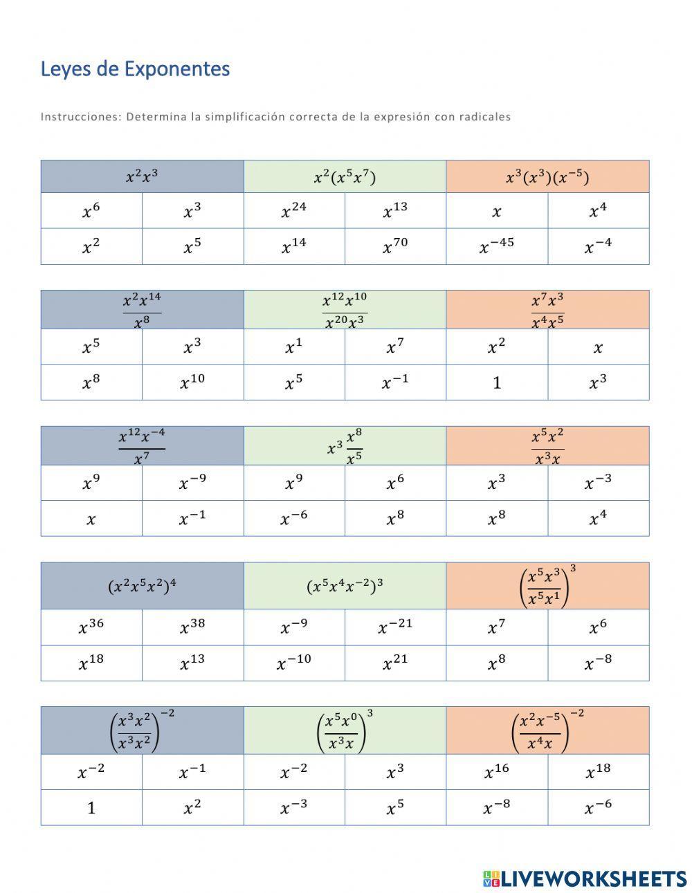 Leyes de expone… | Free Interactive Worksheets | 2139557