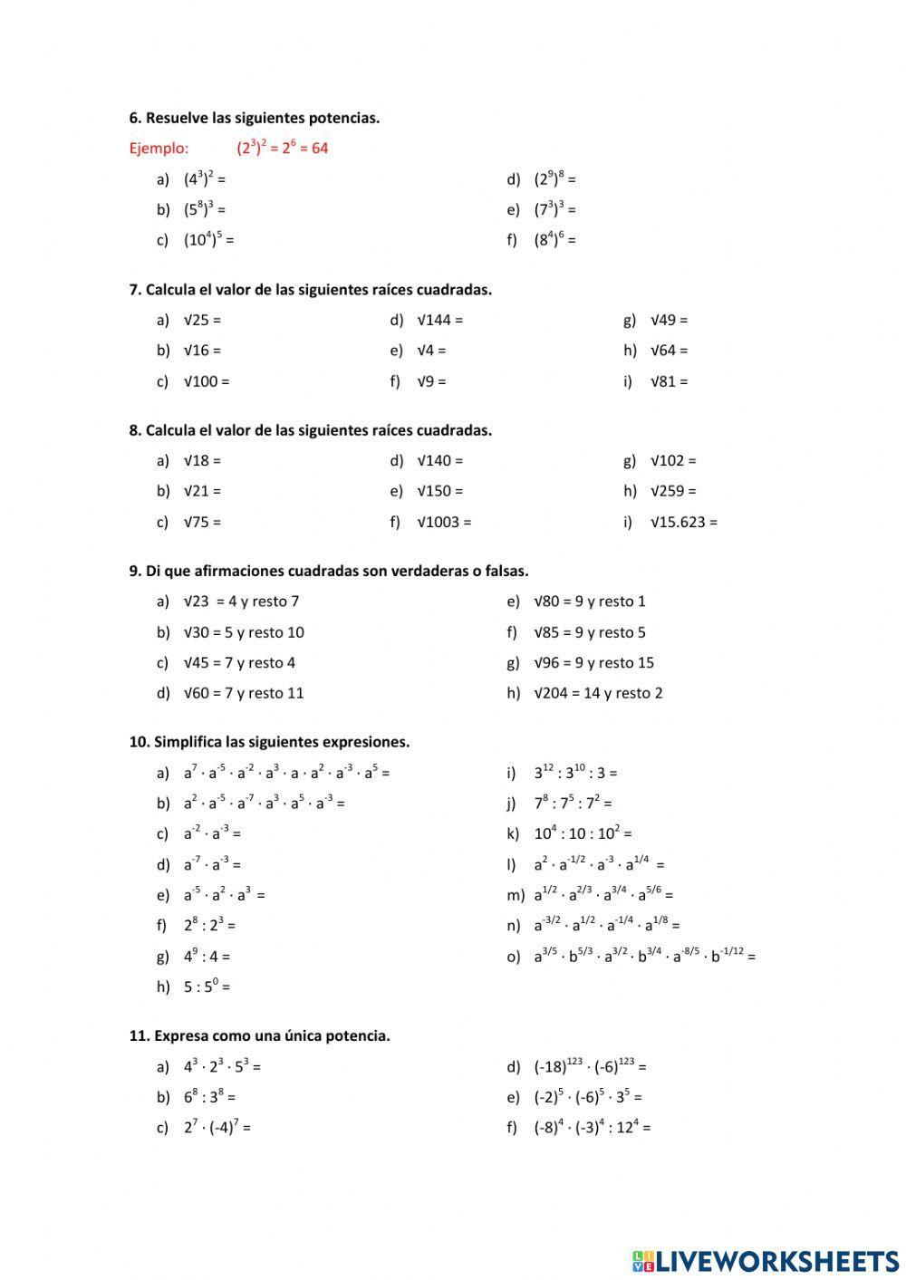 Potencias y raí… | Free Interactive Worksheets | 2139873