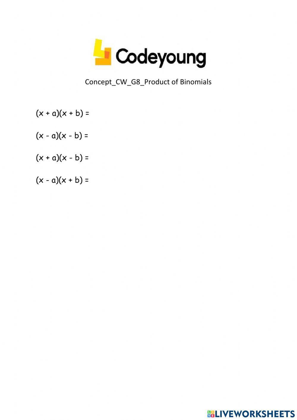 Concept-CW-G8-Product of Binomials worksheet | Live Worksheets
