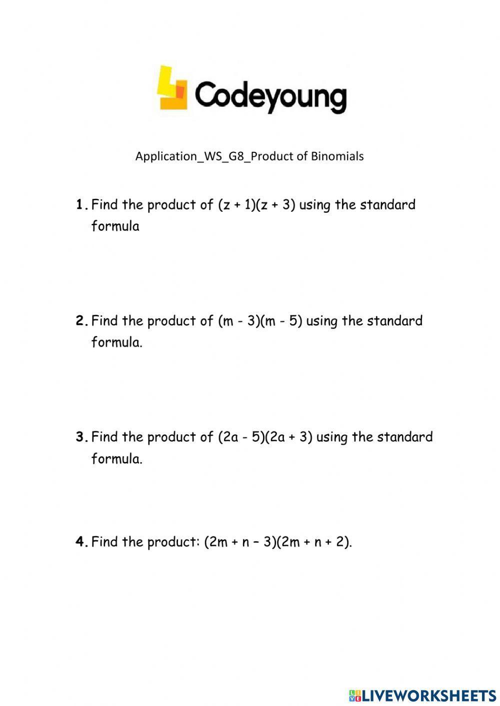 Application-WS-G8-Product of Binomials worksheet | Live Worksheets