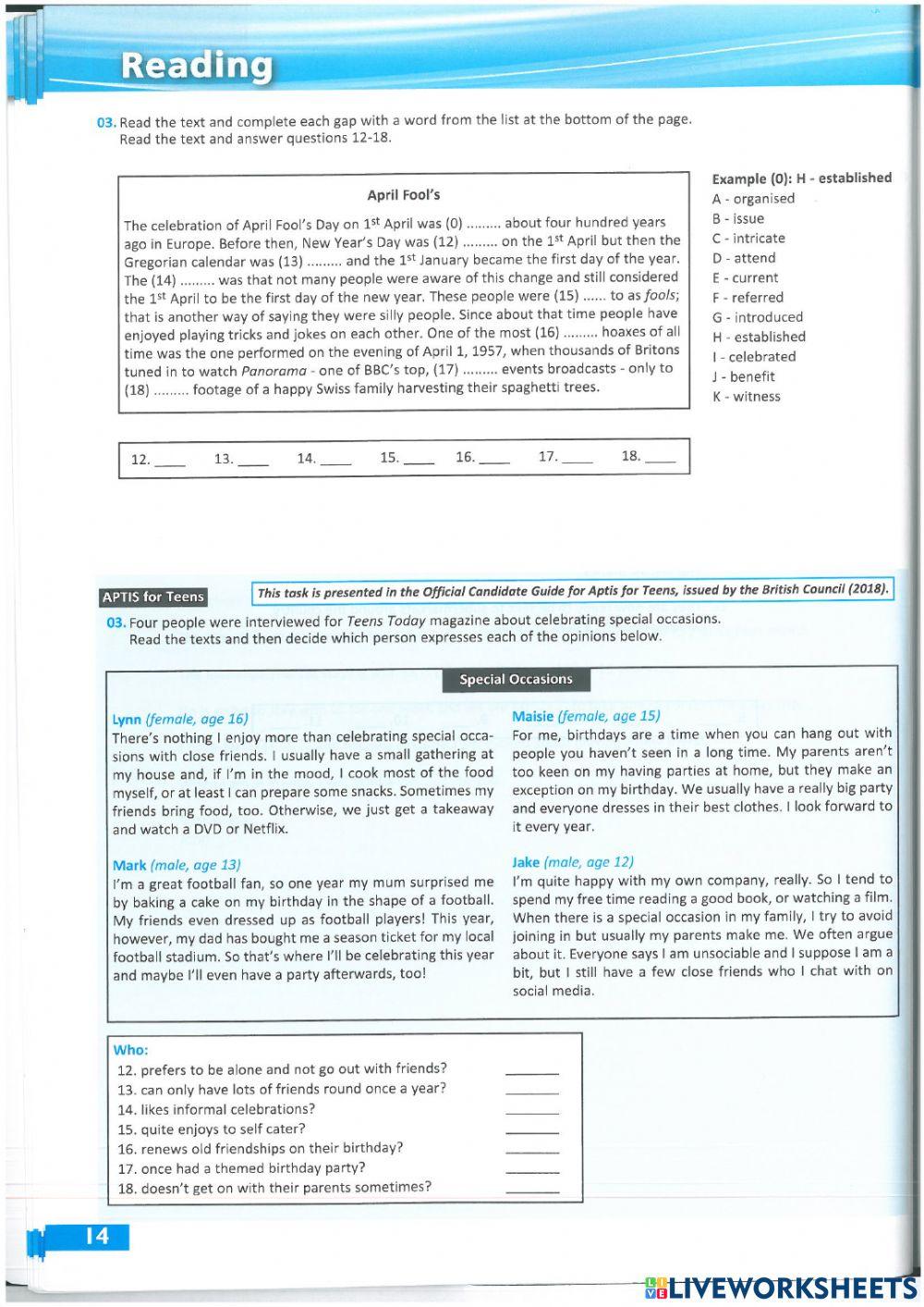 APTIS READING P… | Free Interactive Worksheets | 5355372