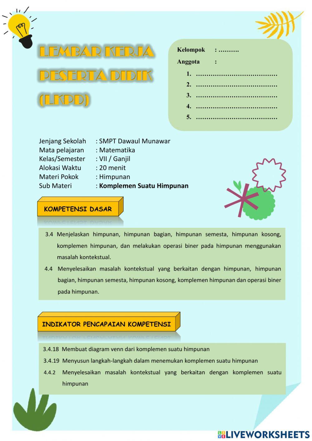 LKPD Komplemen Suatu Himpunan worksheet | Live Worksheets