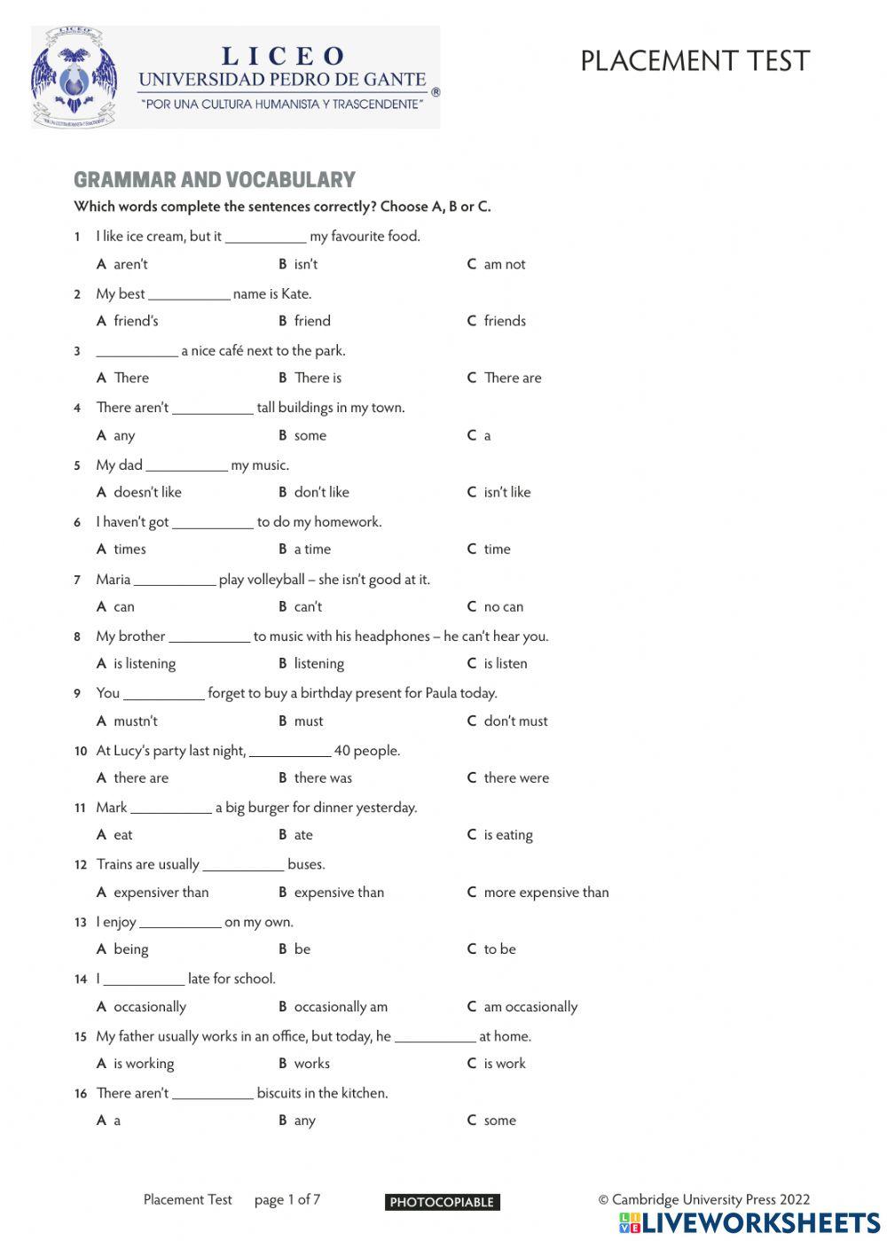 Placement Test - Part 1 online exercise for | Live Worksheets