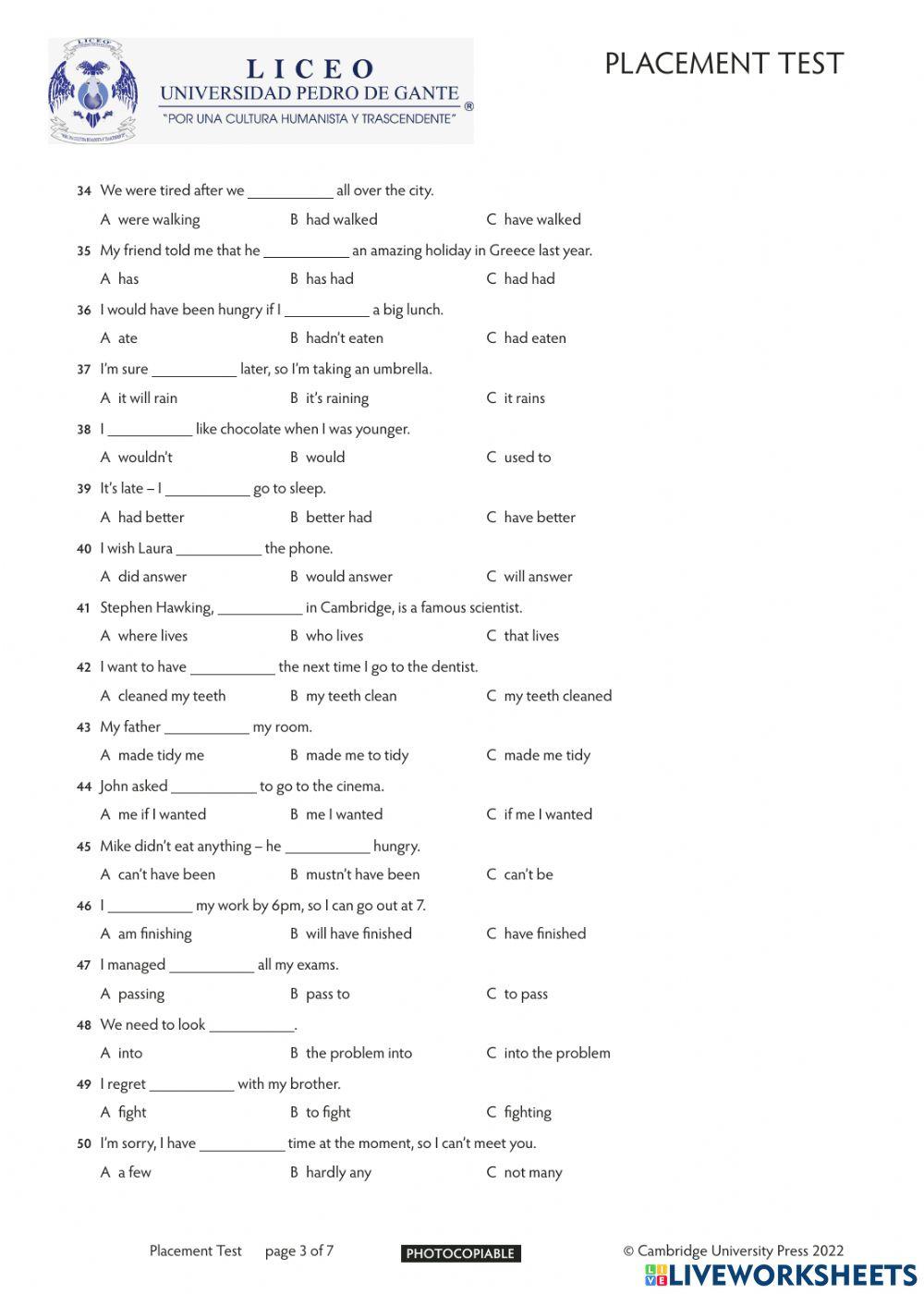 Placement Test - Part 1 online exercise for | Live Worksheets