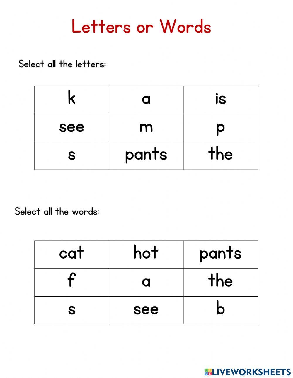 Letters or words worksheet | Live Worksheets