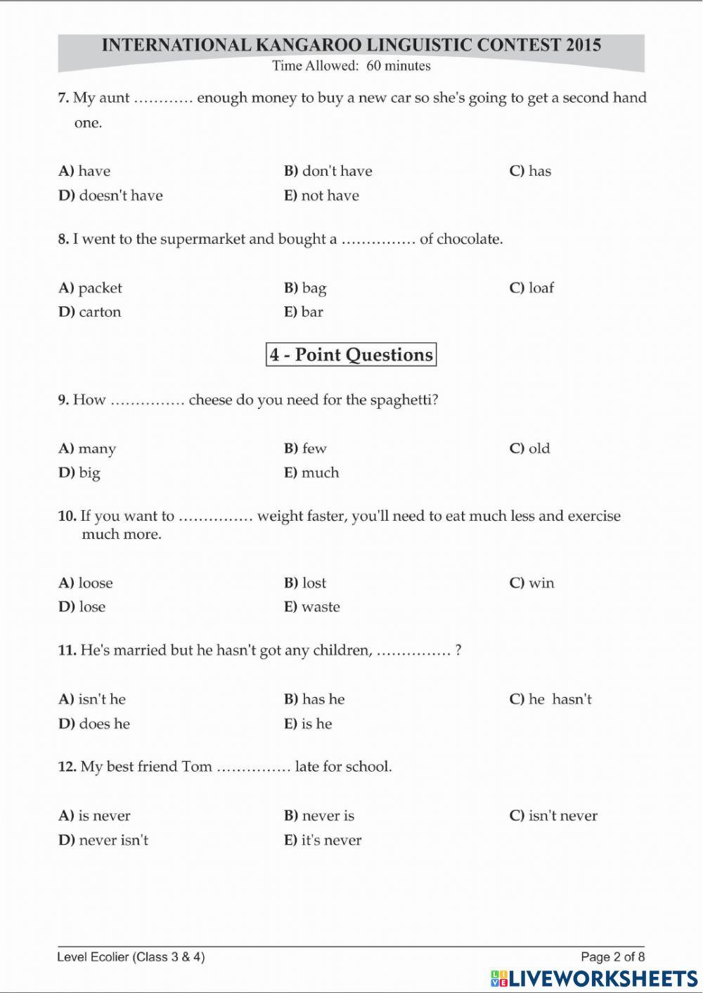 IKLC 2022 (Selection Test) online exercise for | Live Worksheets