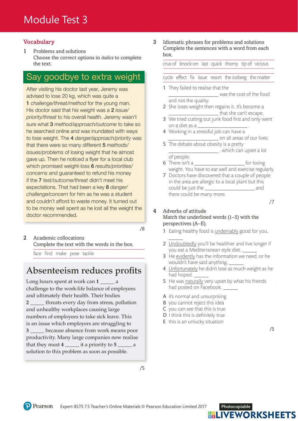 GRAMMAR AND VOCABULARY -IELTS MODULE 3 TEST online exercise for | Live ...