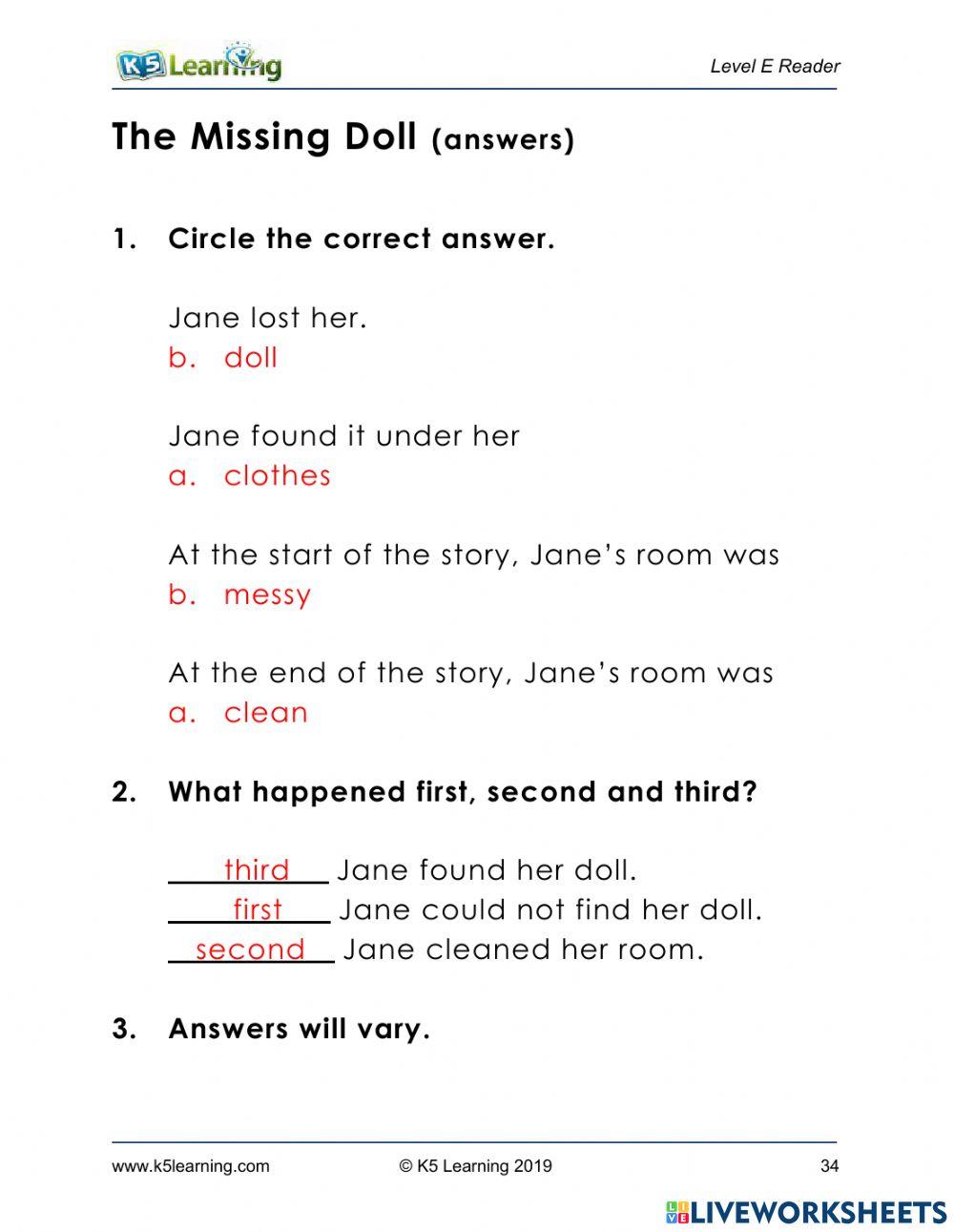 The Missing Doll | Free Interactive Worksheets | 2430541