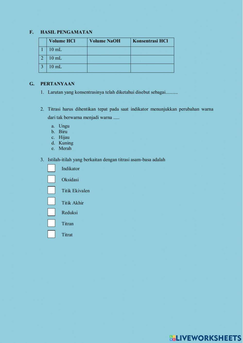 Titrasi Asam Basa online worksheet | Live Worksheets