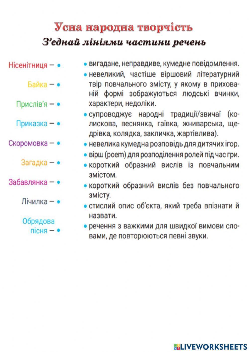 Усна народна творчість Worksheet Live Worksheets