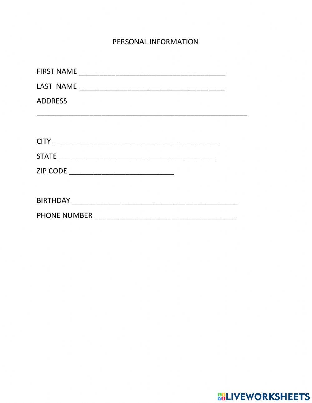 Personal Information online exercise for None | Live Worksheets