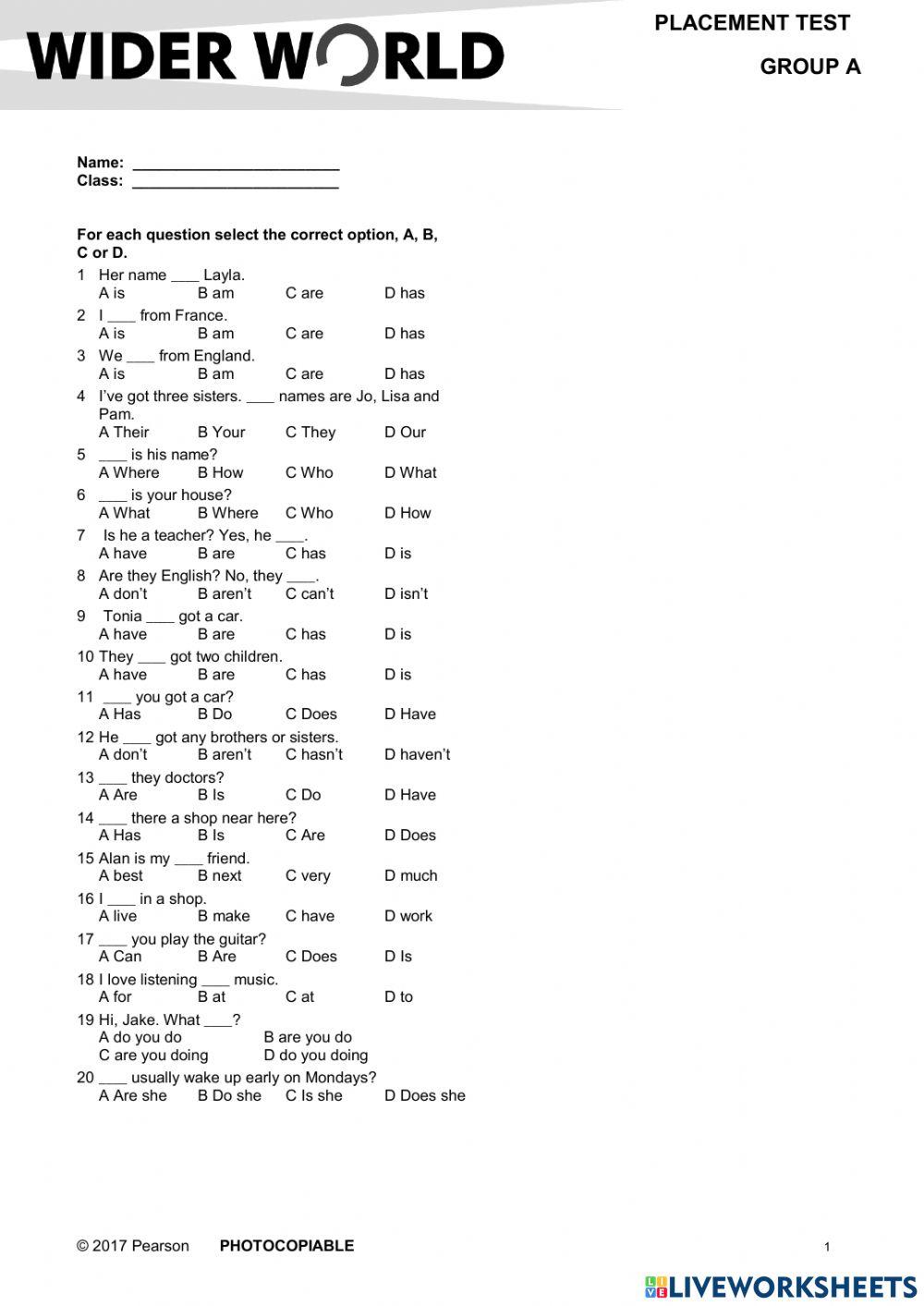 Math 1 Placement Test