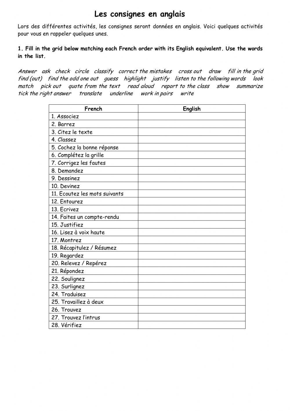 Les consignes e… | Free Interactive Worksheets | 2141403