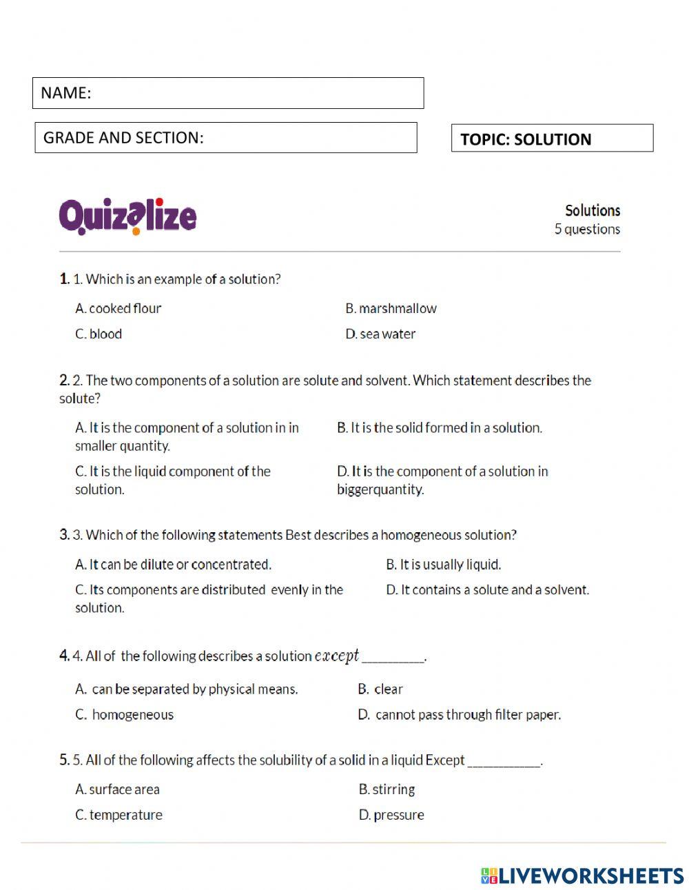 Solution online worksheet | Live Worksheets