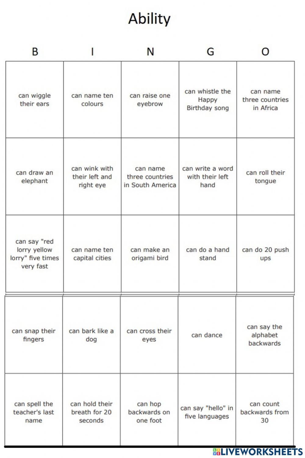 Ability bingo | Free Interactive Worksheets | 2142775