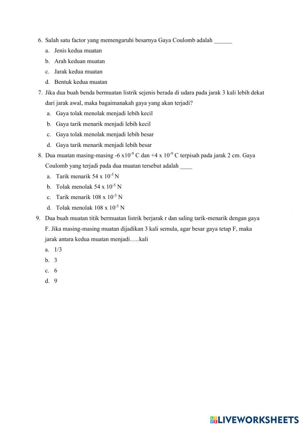 Tes tulis listrik statis 1 worksheet | Live Worksheets