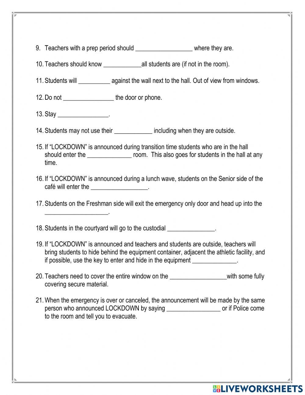 WCHS School Lockdown worksheet | Live Worksheets