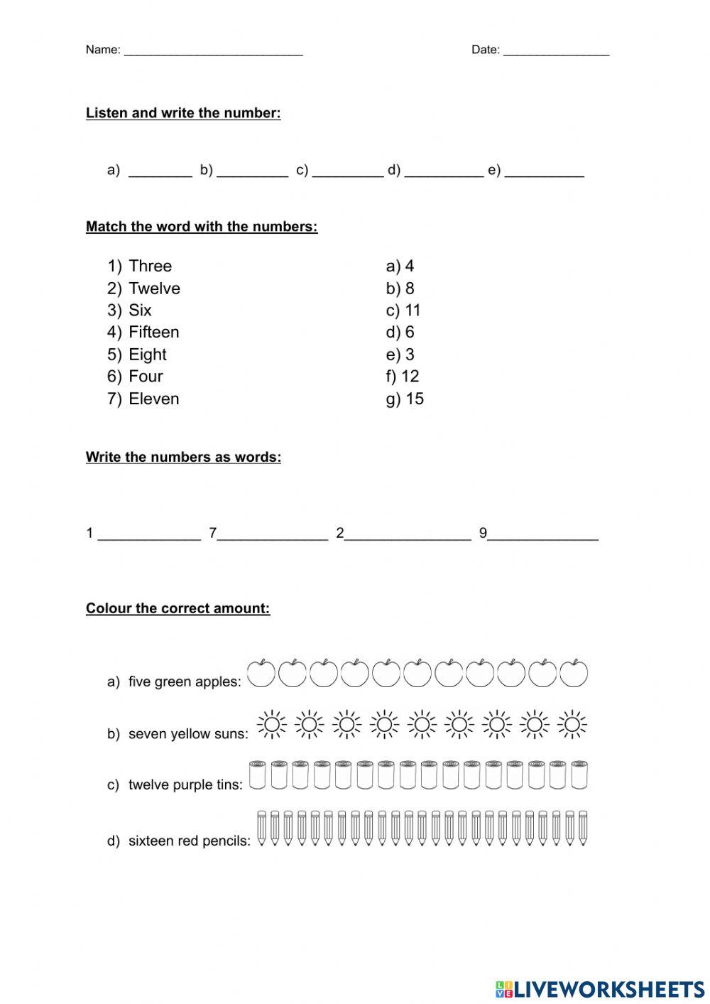 Numbers and colours online practice | Live Worksheets
