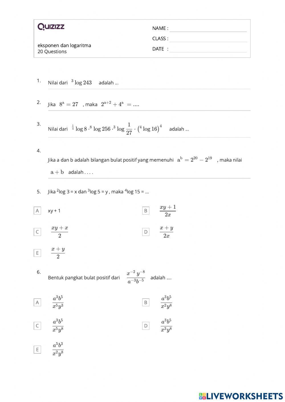 Eksponen dan Lo… | Free Interactive Worksheets | 2143974